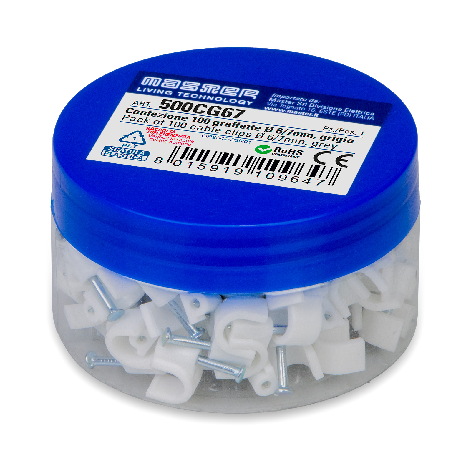 Pack of 100 cable clips 6/7mm, Grey - Master